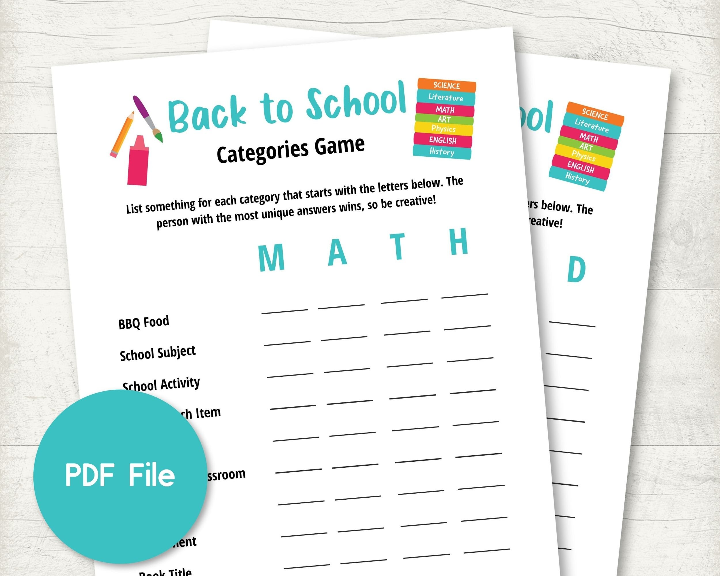 Back to School Categories Game, Printable Games, Digital Download, Word ...