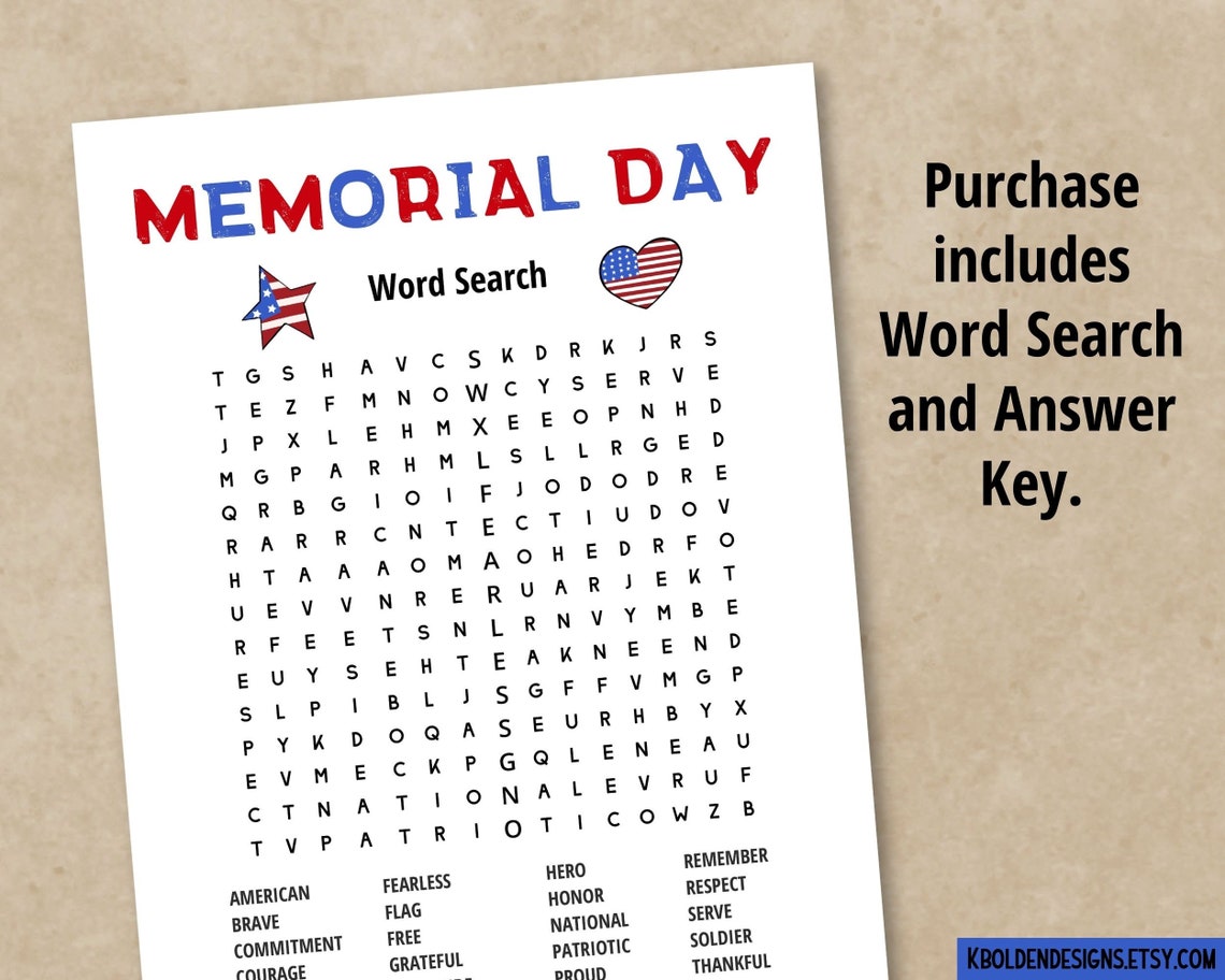 Memorial Day Printable Word Search Digital Download | Etsy
