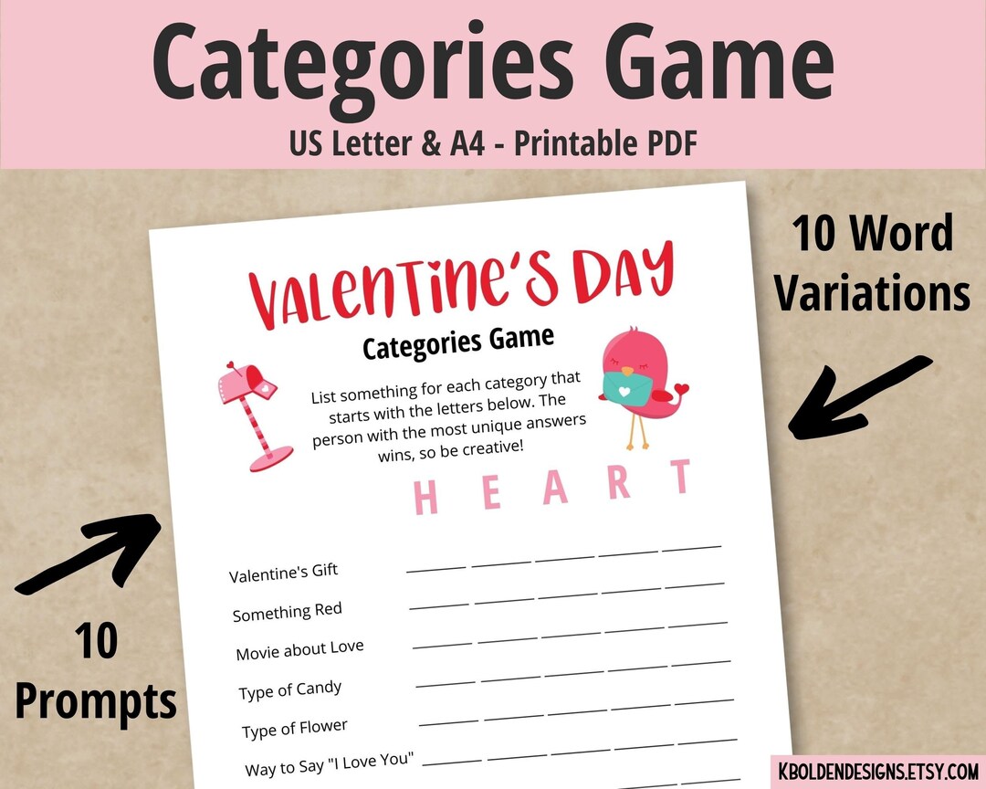 Valentine's Day Printable Categories Game, Fun Valentine's Day Game for ...
