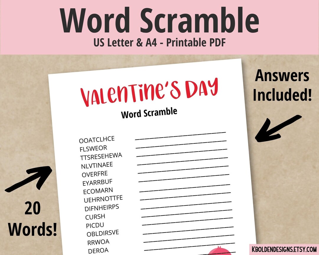 Valentine's Day Printable Word Scramble, Fun Valentines Day Game for ...