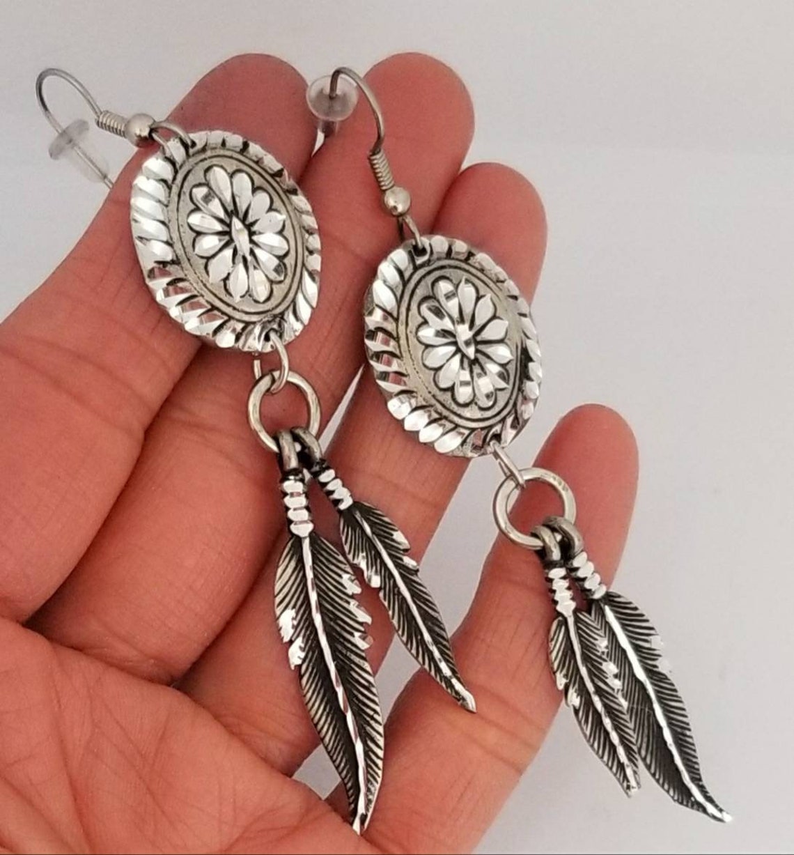 Small Concho With Feathers Earrings - Etsy