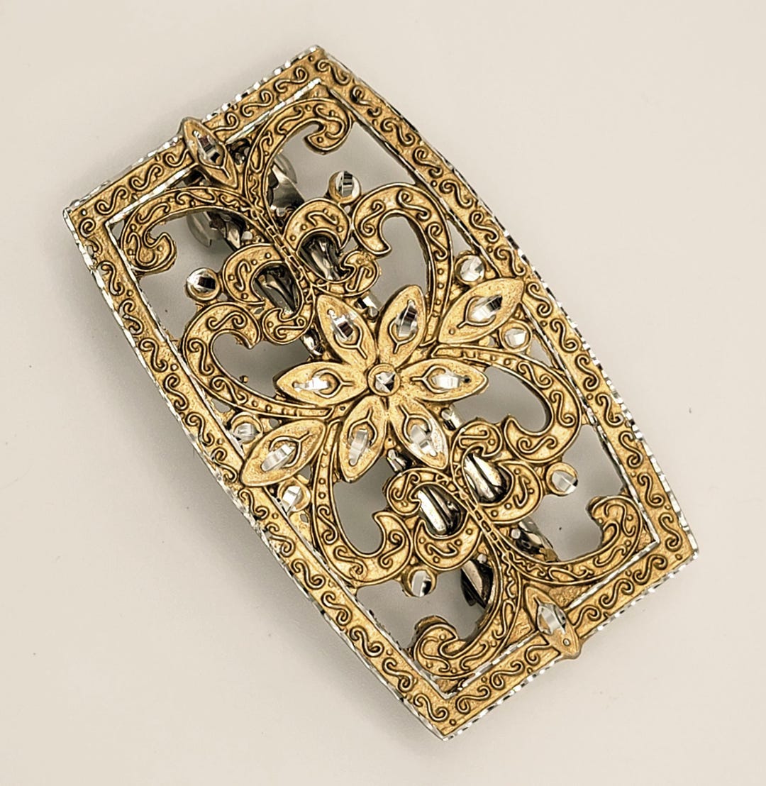 Gold Floral Hair Barrette | Medium Thick Hair Clip | Vintage Filigree ...