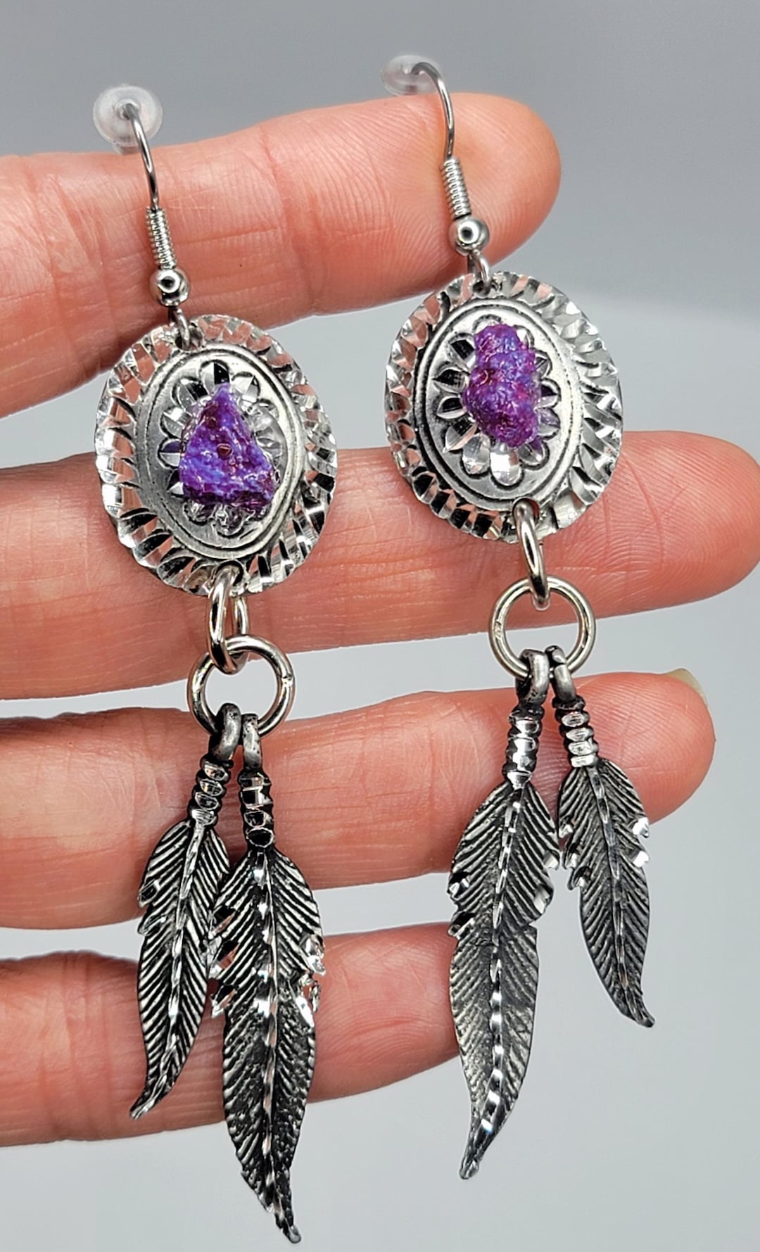 Small Concho Earrings With Feathers and Purple Mohave Turquoise - Etsy