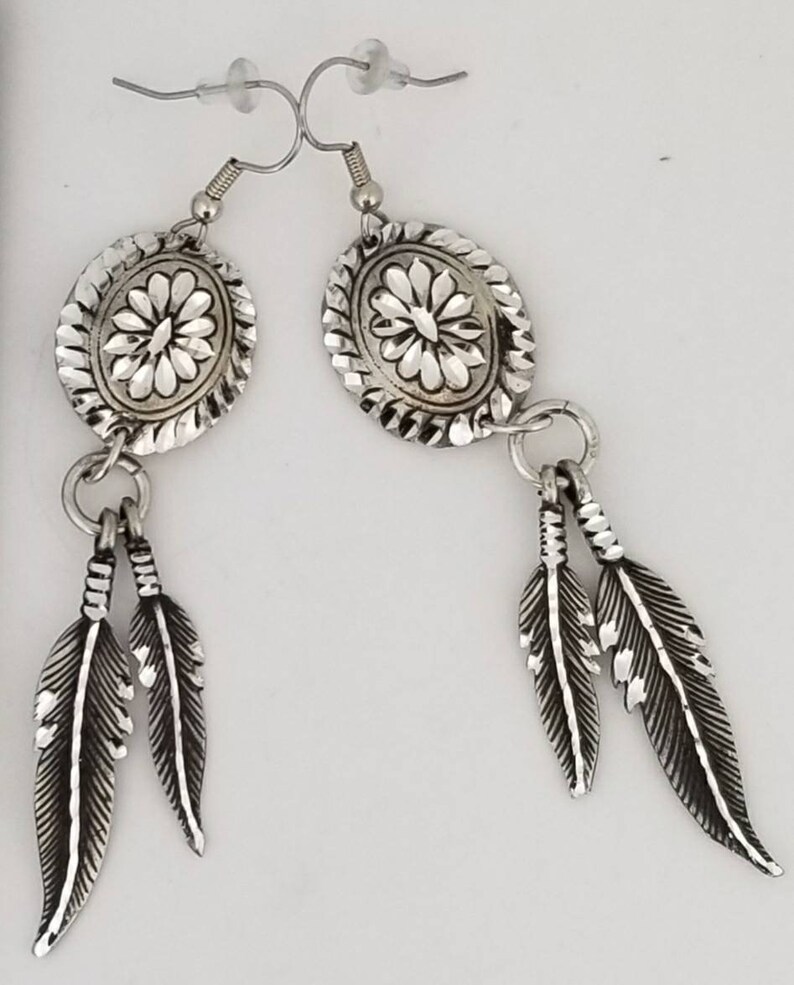 Small Concho With Feathers Earrings - Etsy