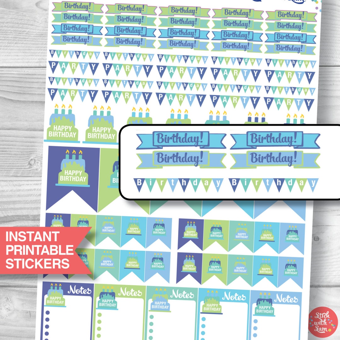 PDF Printable Planner Stickers Happy Birthday Blue Stickers. Fits a ...