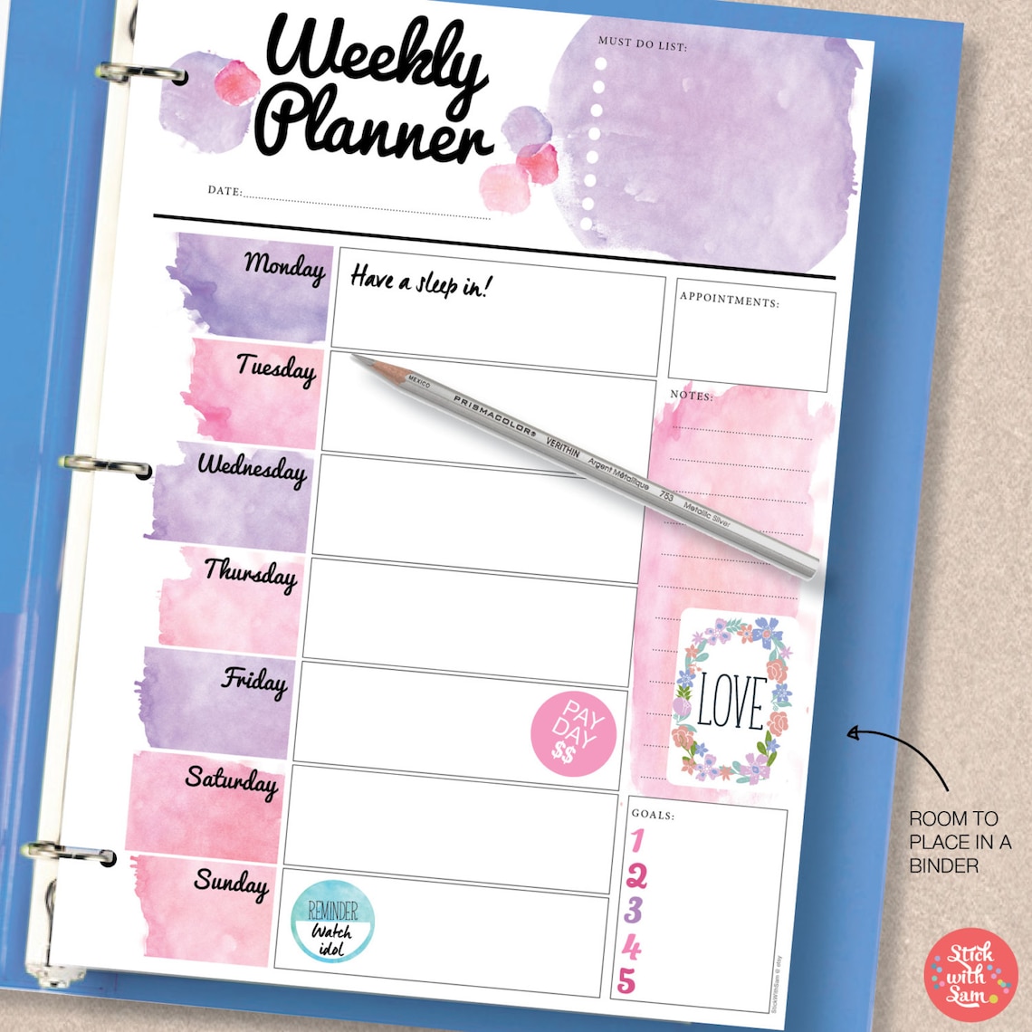 WEEKLY Watercolor Printable Planner Portrait Page Pink | Etsy