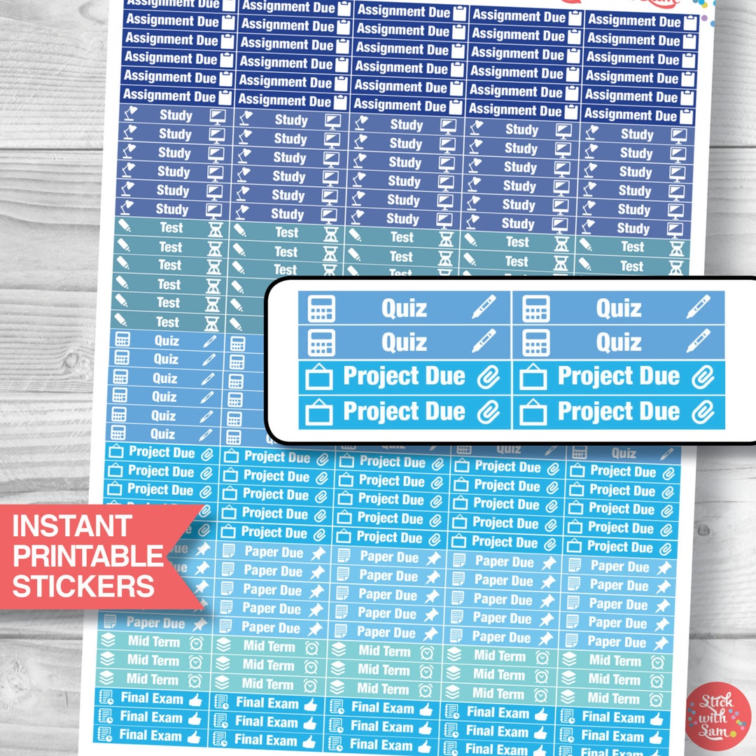 Printable Planner College Stickers for College or School. Blue Instant ...