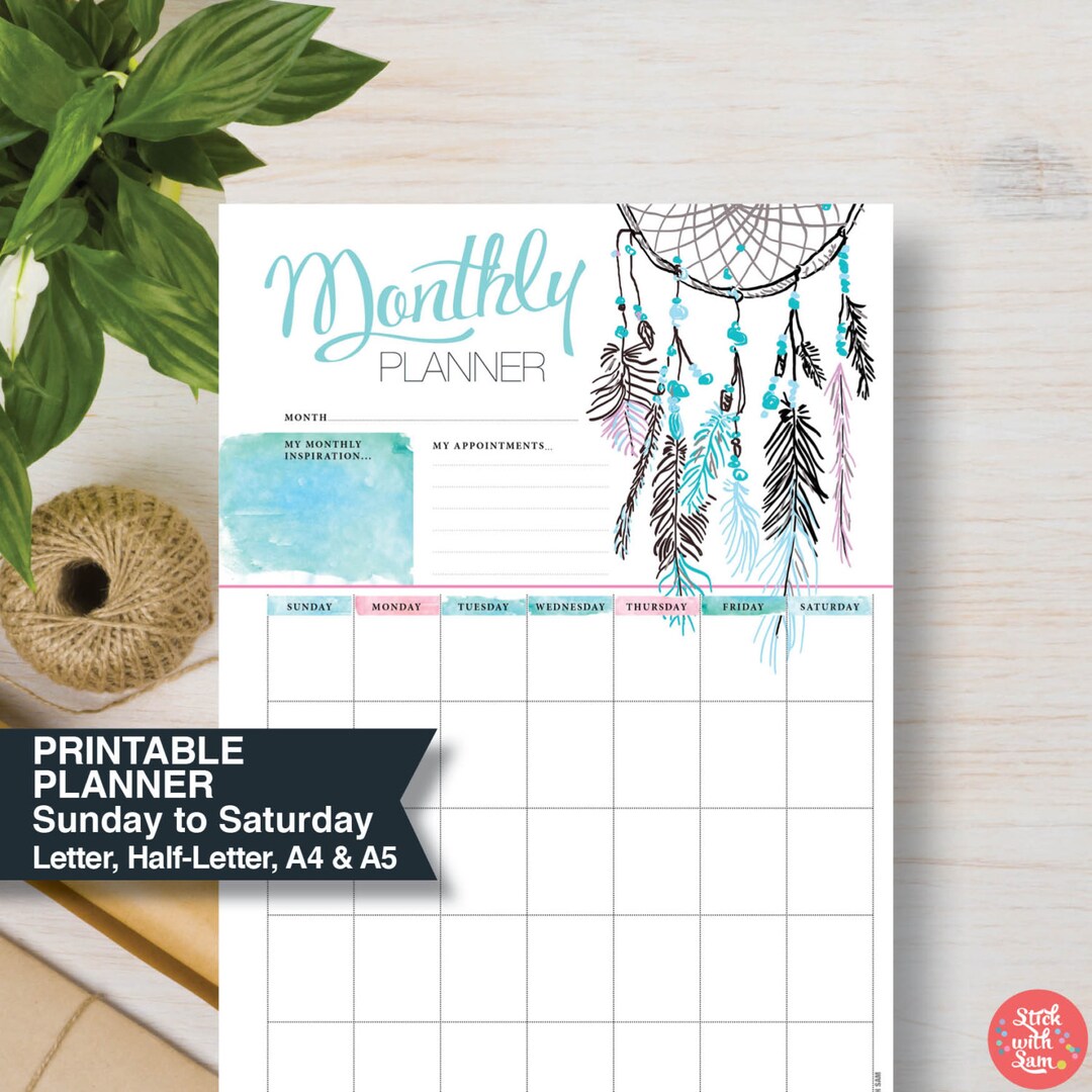 MONTHLY View Planner Dream Catcher Monthly Insert Page. Fits Filofax ...