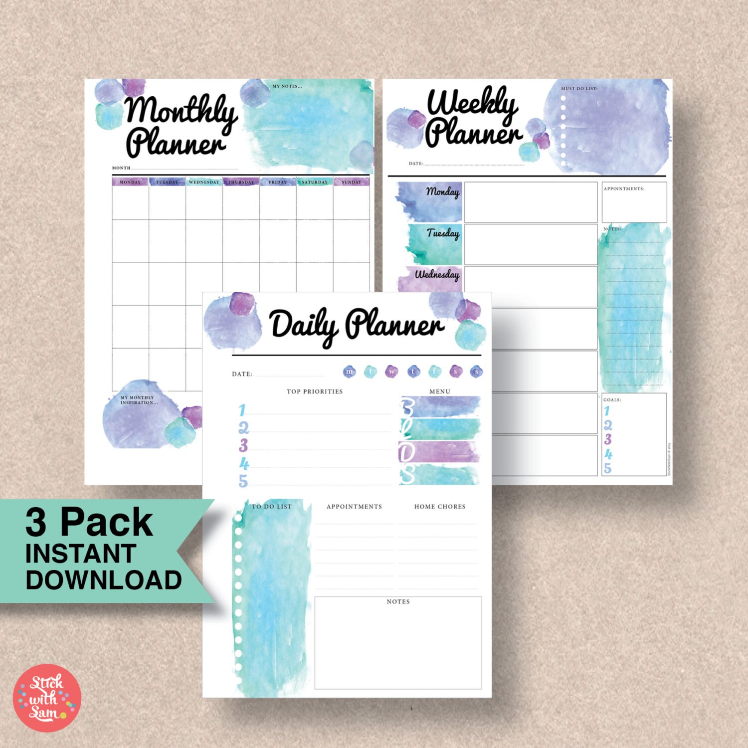 Printable Planner Inserts Instant Download Bundle Watercolor - Etsy ...