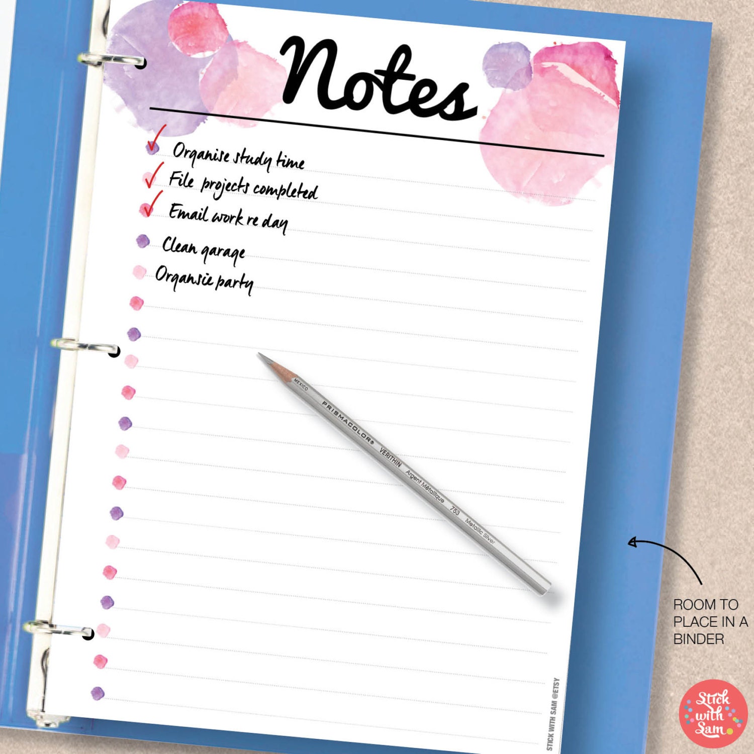 NOTES A5 Insert Printable Planner Insert Pink Watercolor | Etsy
