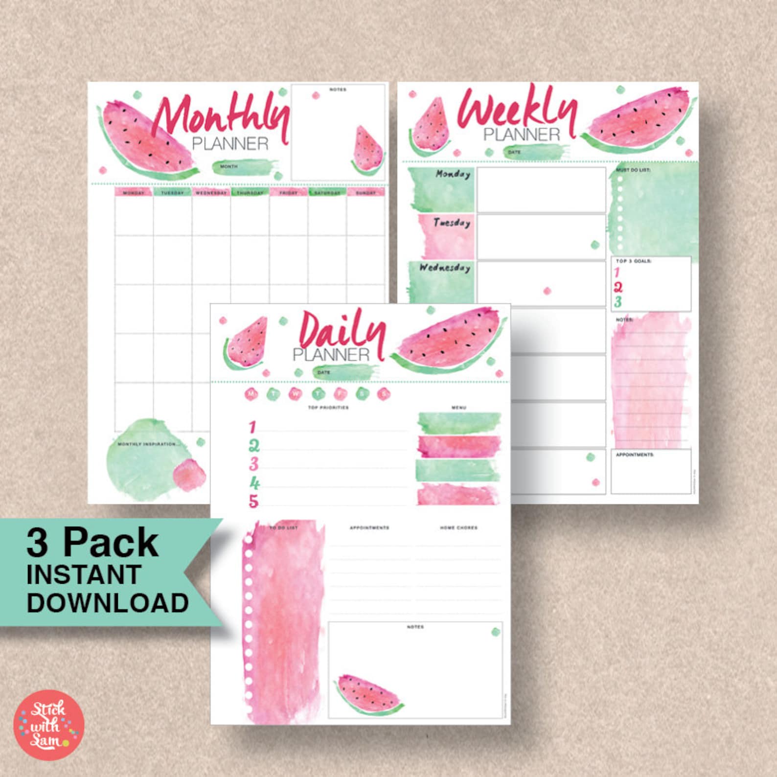 Watermelon Printable Planner Pack Daily Weekly and Monthly | Etsy