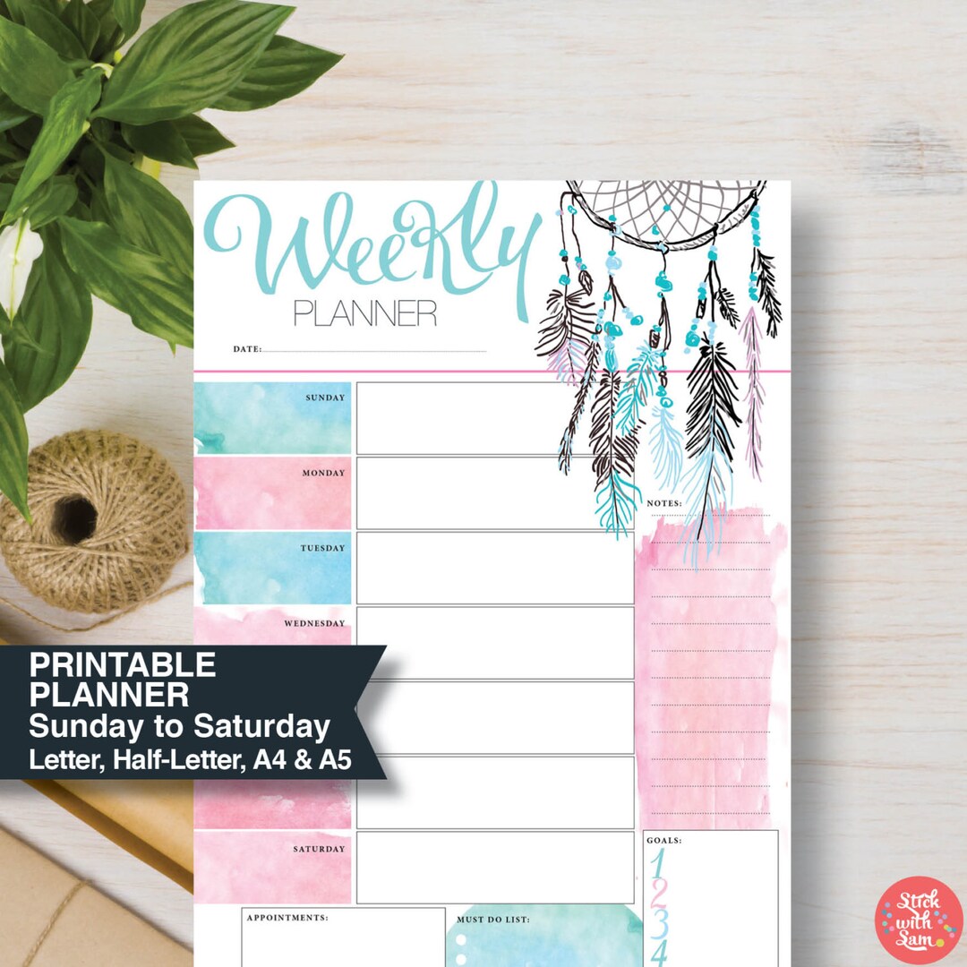 WEEKLY Printable Planner Insert Sunday to Saturday Start. Dream Catcher ...