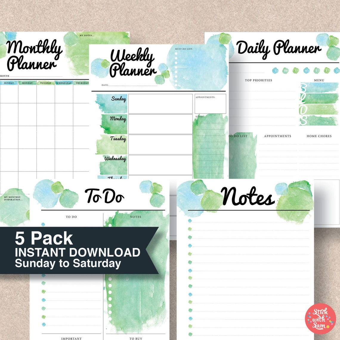 Green Printable Planner 5 Pack Sunday Start Includes: A4 | Etsy Australia