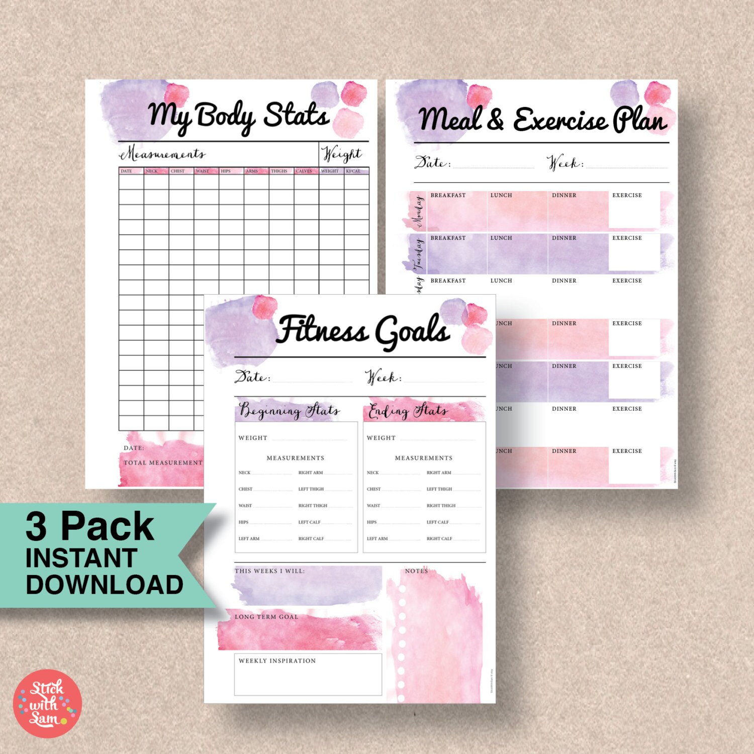 Pink Printable Fitness Planner Pack Track Body Stats, Meal and Exercise ...
