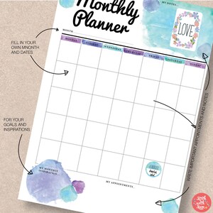 MONTHLY Printable Planner Page. Blue Watercolor Monthly Planner Instant ...