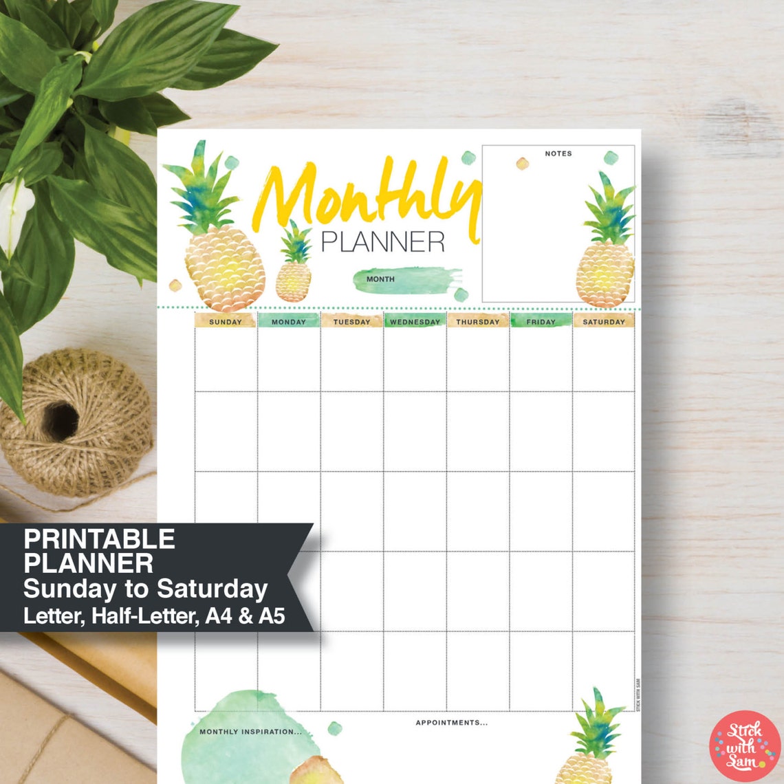 MONTHLY Sunday Start Printable Planner. Goal and Success | Etsy