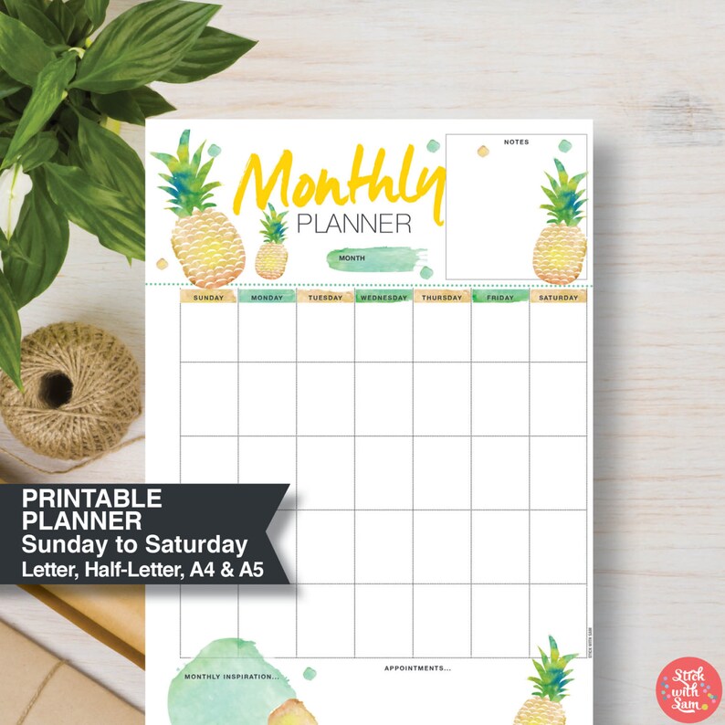 MONTHLY Sunday Start Printable Planner. Goal and Success | Etsy