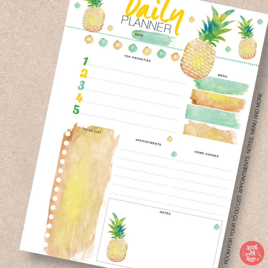 DAILY Printable Pineapple Planner. Monday Start. You Receive 4 | Etsy