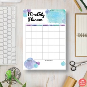 MONTHLY Printable Planner Page. Blue Watercolor Monthly Planner Instant ...