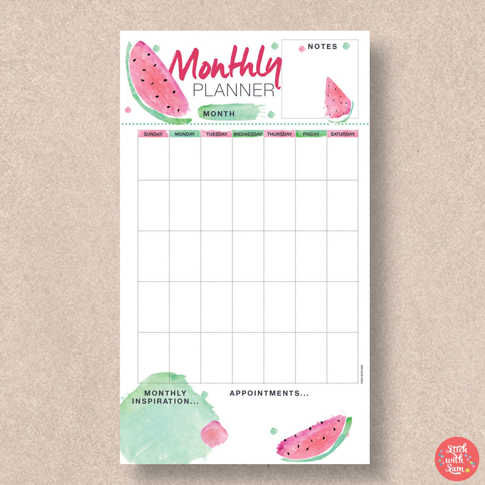 PERSONAL SIZE Watermelon Monthly Planner Printable. Goal | Etsy