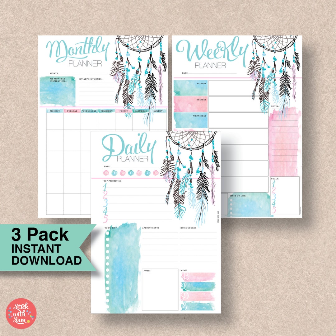 Dream Catcher Printable Planner Pack. Feather Boho Planner Organizer ...