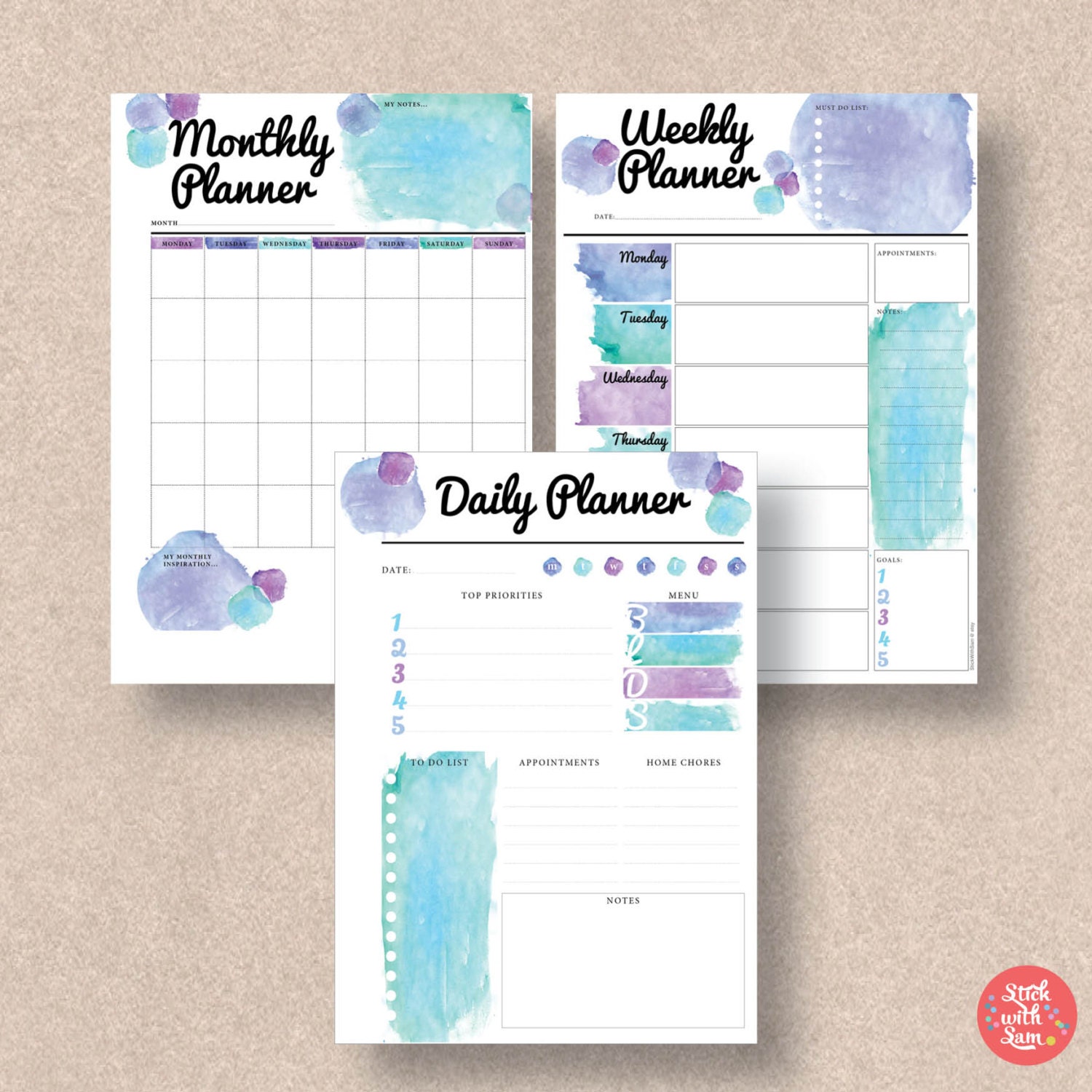 Printable Planner Inserts Instant Download Bundle Watercolor - Etsy ...