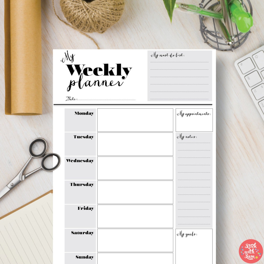 WEEKLY Instant Download Printable Planner Weekly Portrait Page. Black ...