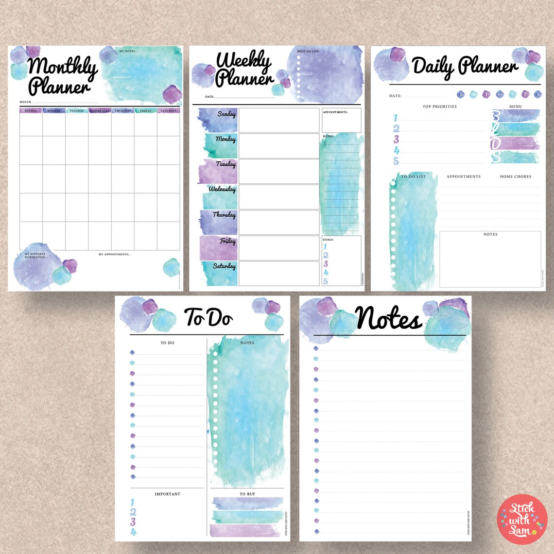 Blue Watercolor Printable Planner 5 Pack. Daily Weekly | Etsy