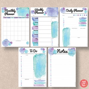 Blue Watercolor Printable Planner 5 Pack. Daily, Weekly, Monthly, to Do ...