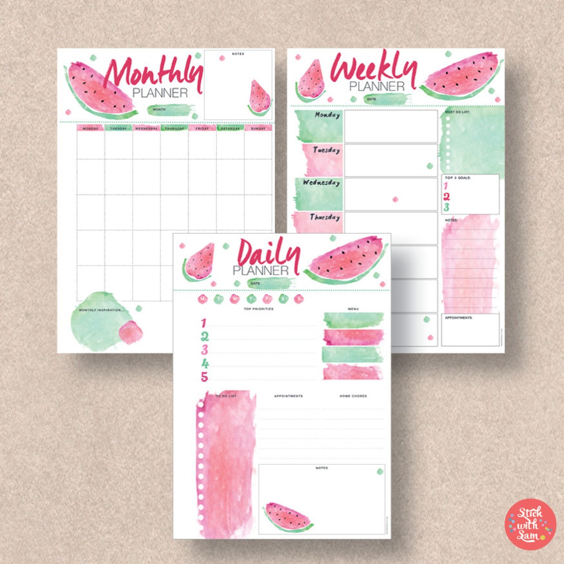 Watermelon Printable Planner Pack Daily Weekly and Monthly | Etsy