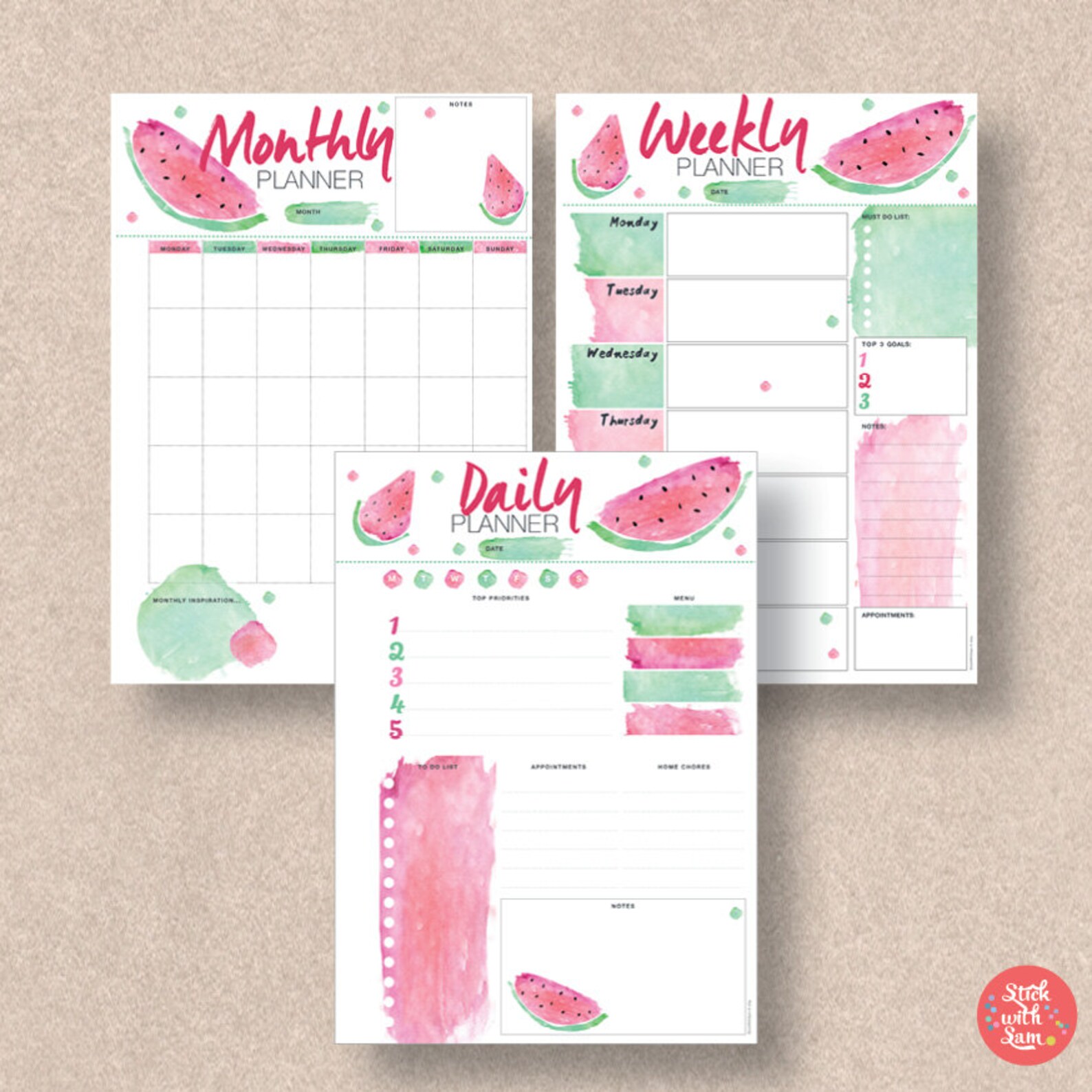 Watermelon Printable Planner Pack Daily Weekly and Monthly | Etsy