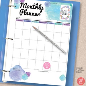 MONTHLY Printable Planner Page. Blue Watercolor Monthly Planner Instant ...