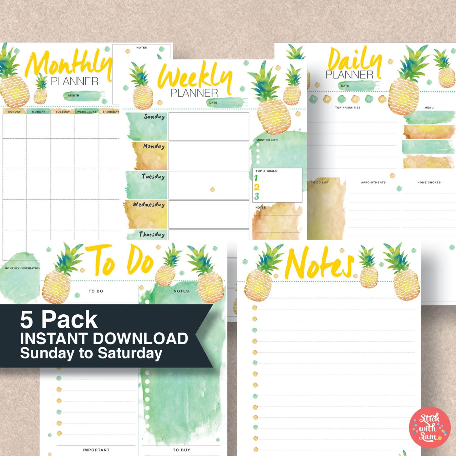 Planner Pack Pineapple Sunday to Saturday start printable | Etsy