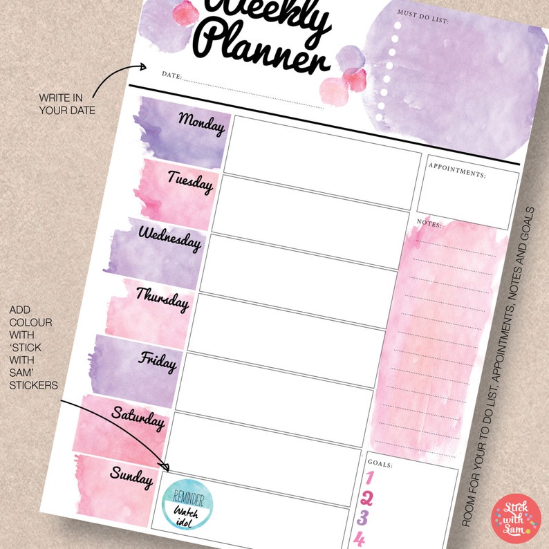 WEEKLY Watercolor Printable Planner Portrait Page Pink | Etsy