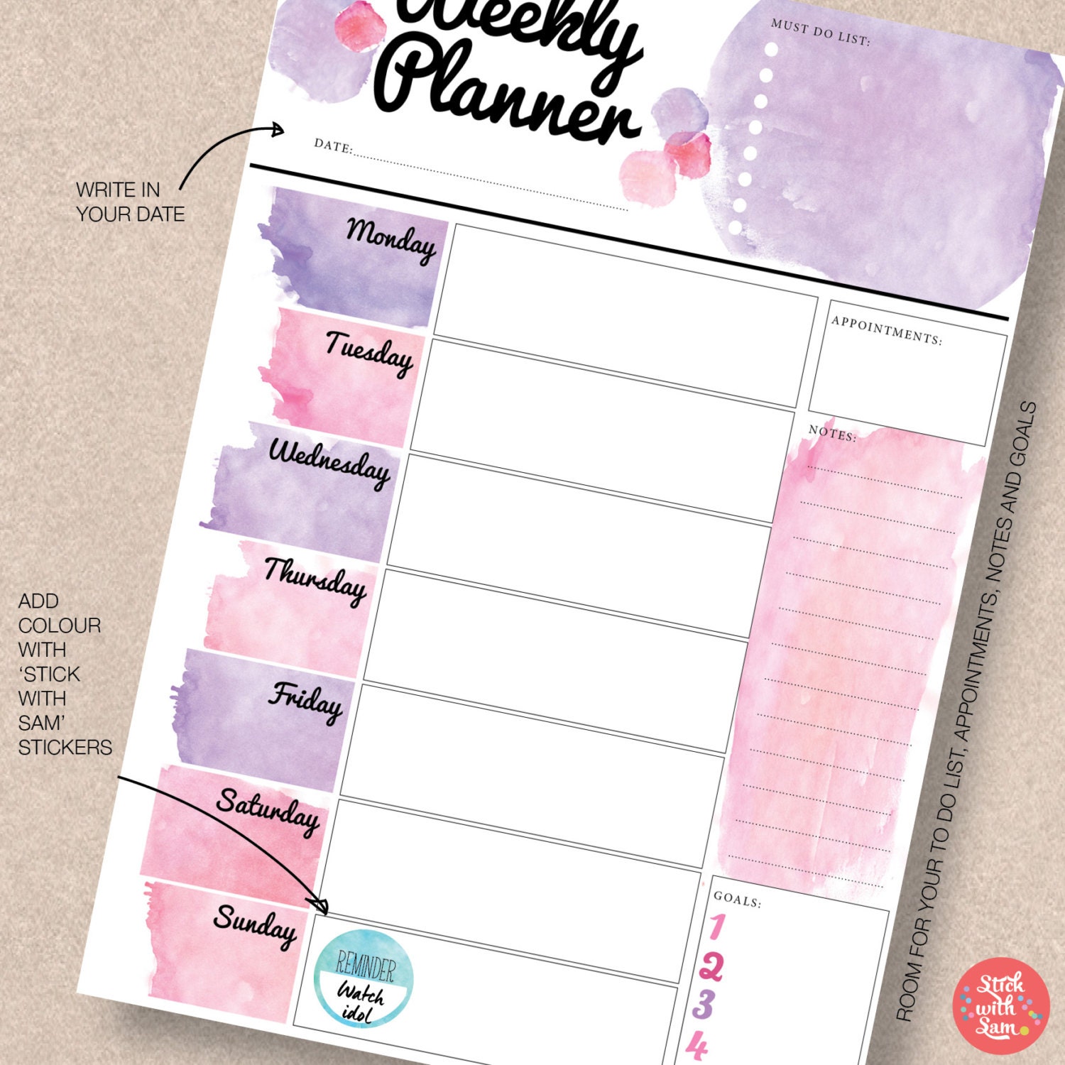 WEEKLY Watercolor Printable Planner Portrait Page Pink | Etsy