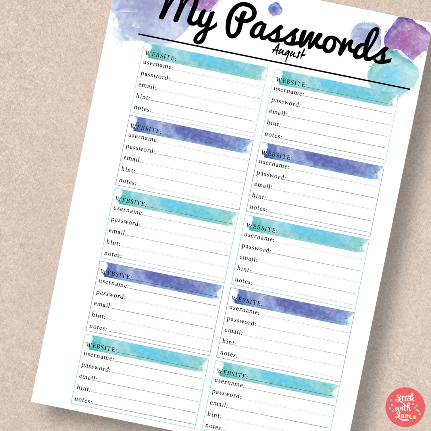 PASSWORD Planner Insert. Blue Password Printable Planner | Etsy