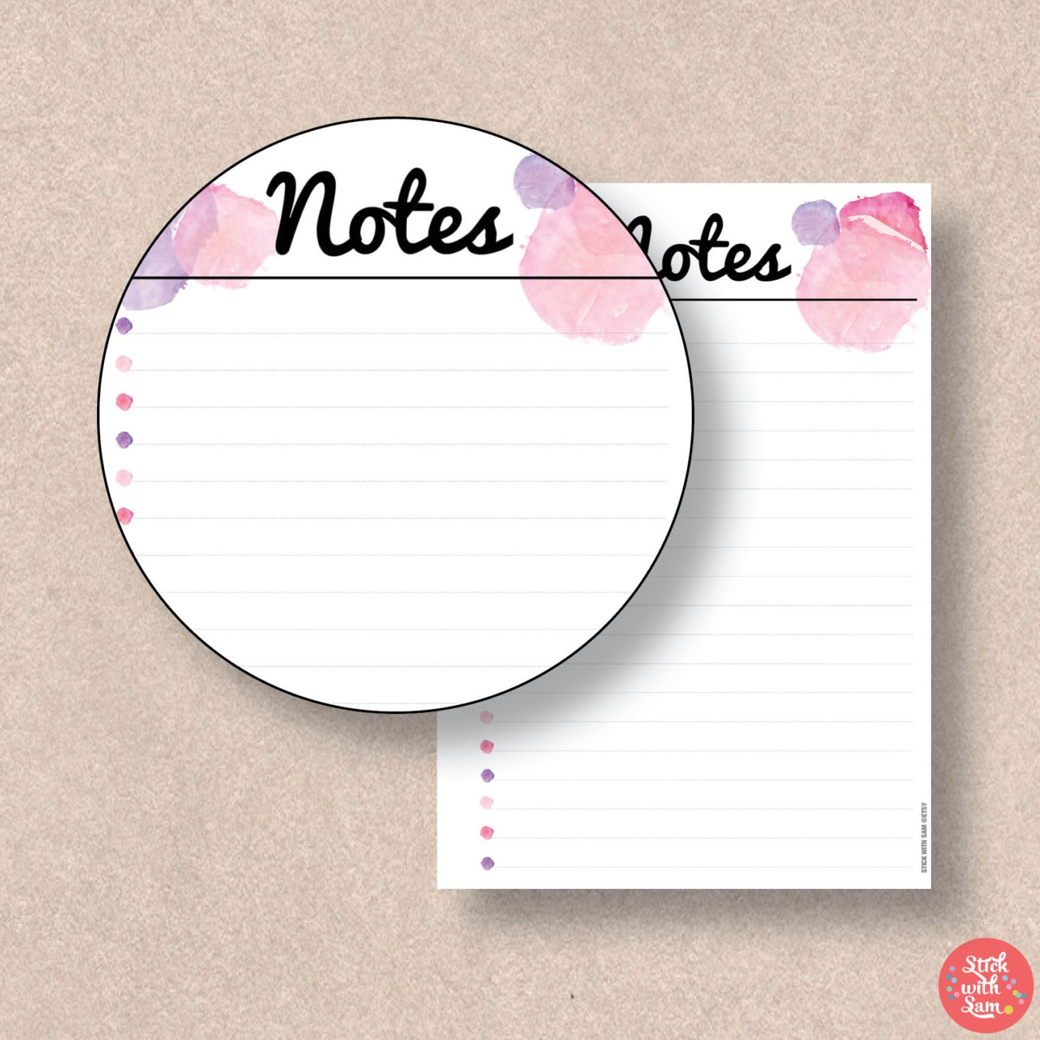 NOTES A5 Insert Printable Planner Insert Pink Watercolor | Etsy