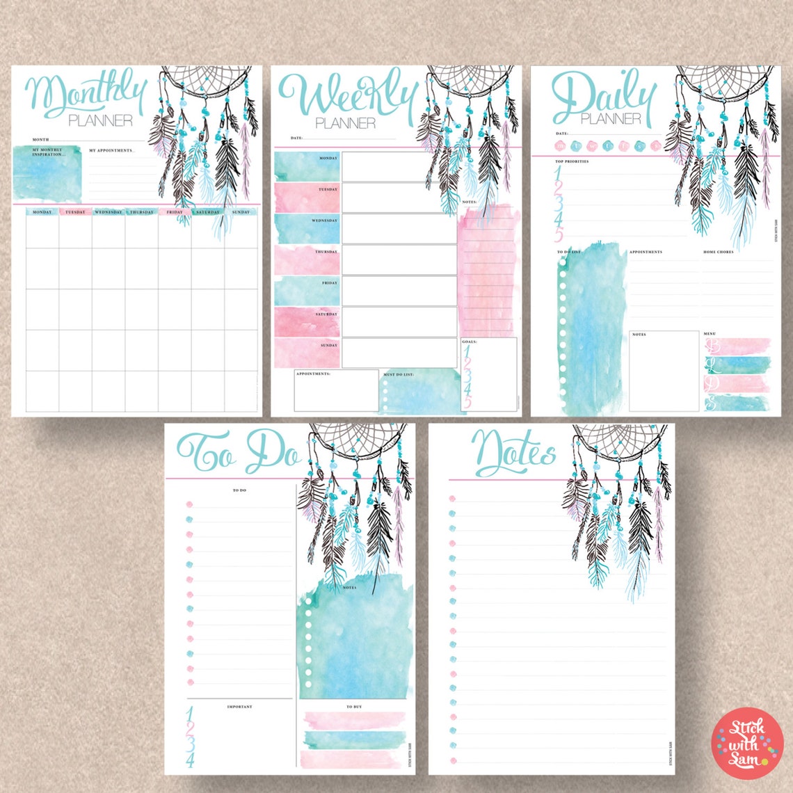 Boho Dream Catcher Printable Planner 5 Pack. Summer Trend Gift - Etsy