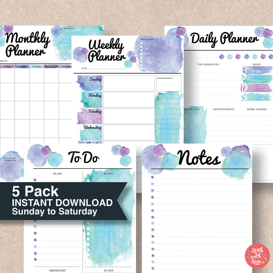 Blue Watercolor Printable Planner 5 Pack. Daily, Weekly, Monthly, to Do ...