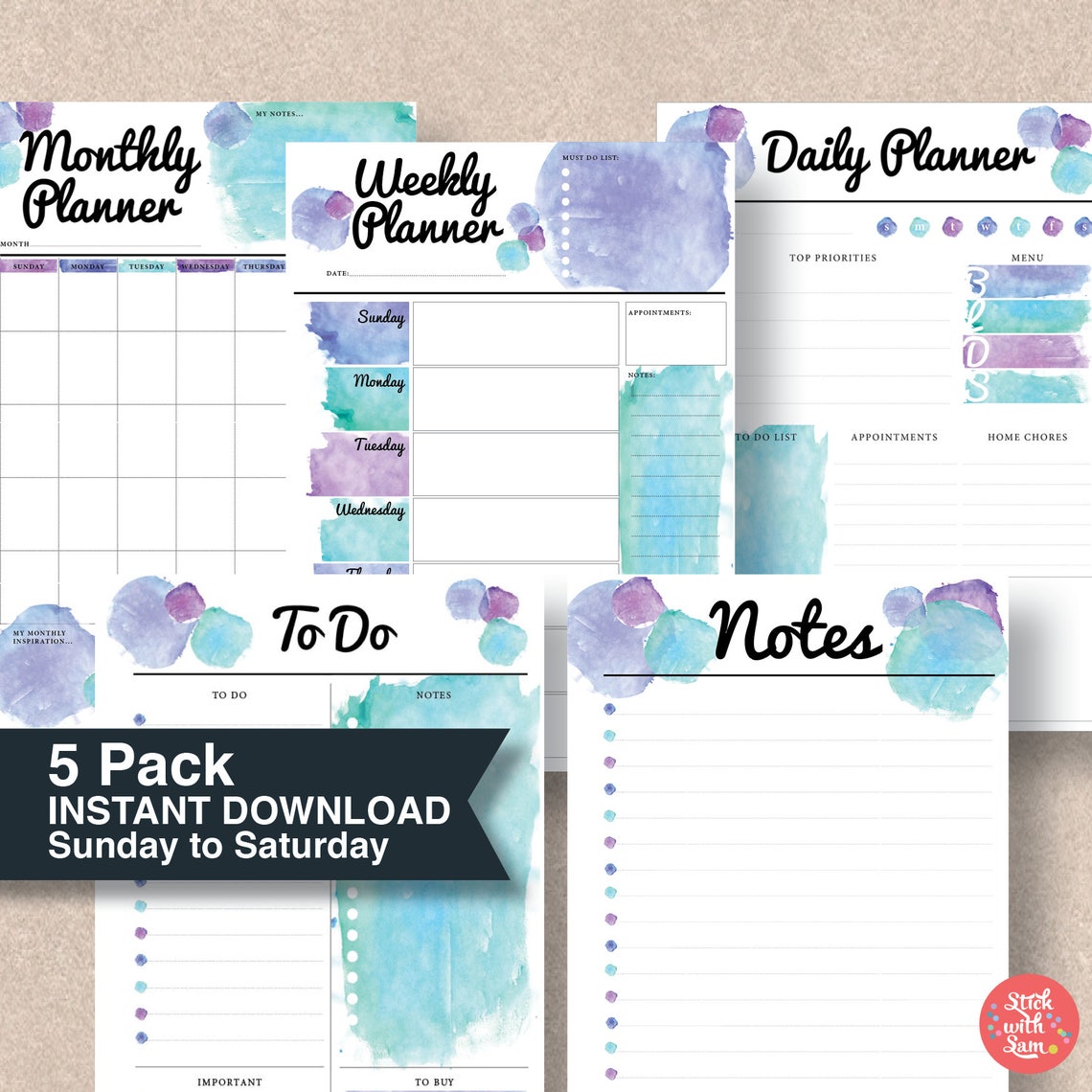 Blue Watercolor Printable Planner 5 Pack. Daily Weekly | Etsy