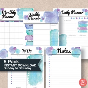 Blue Watercolor Printable Planner 5 Pack. Daily, Weekly, Monthly, to Do ...