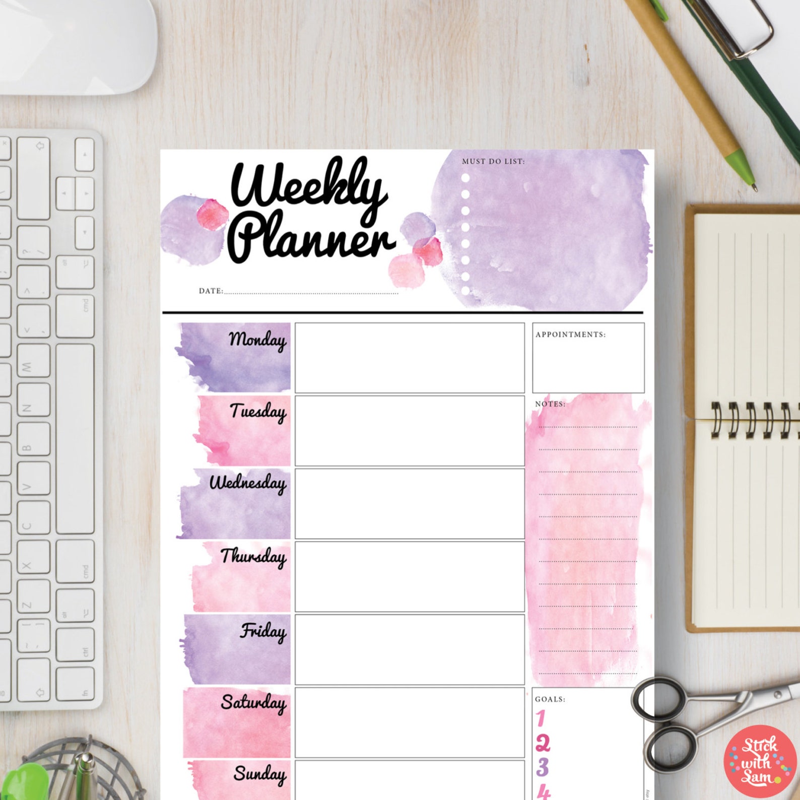 WEEKLY Watercolor Printable Planner Portrait Page Pink | Etsy