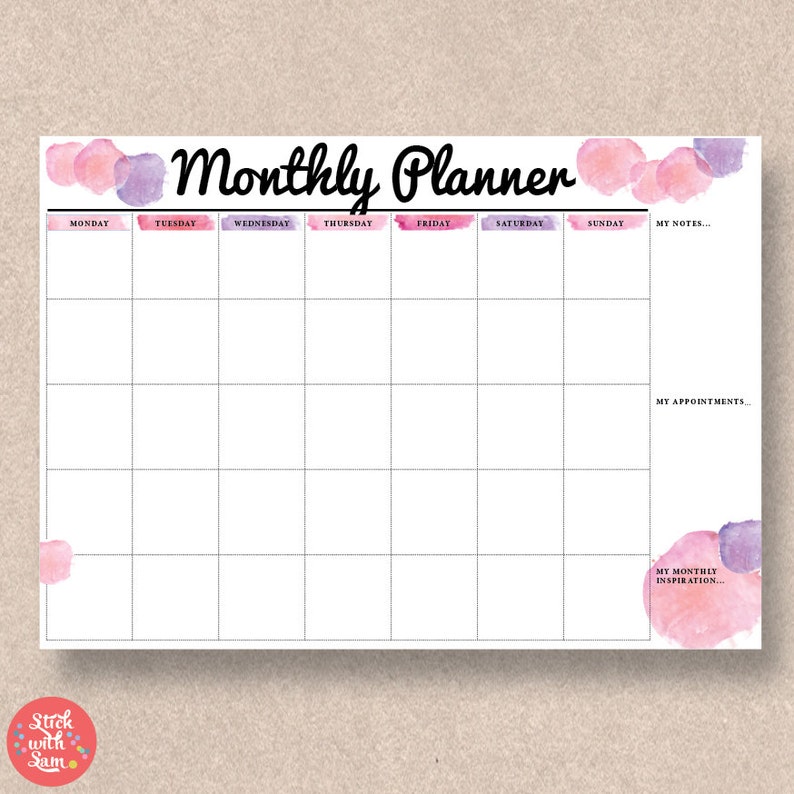 MONTHLY Instant Download Printable Planner Monthly Page | Etsy