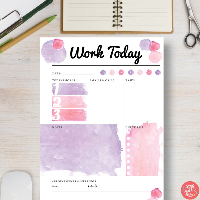 DAILY Planner Page. Pink Watercolor Printable work - Etsy