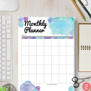 MONTHLY Printable Planner Page. Blue Watercolor Monthly Planner Instant ...