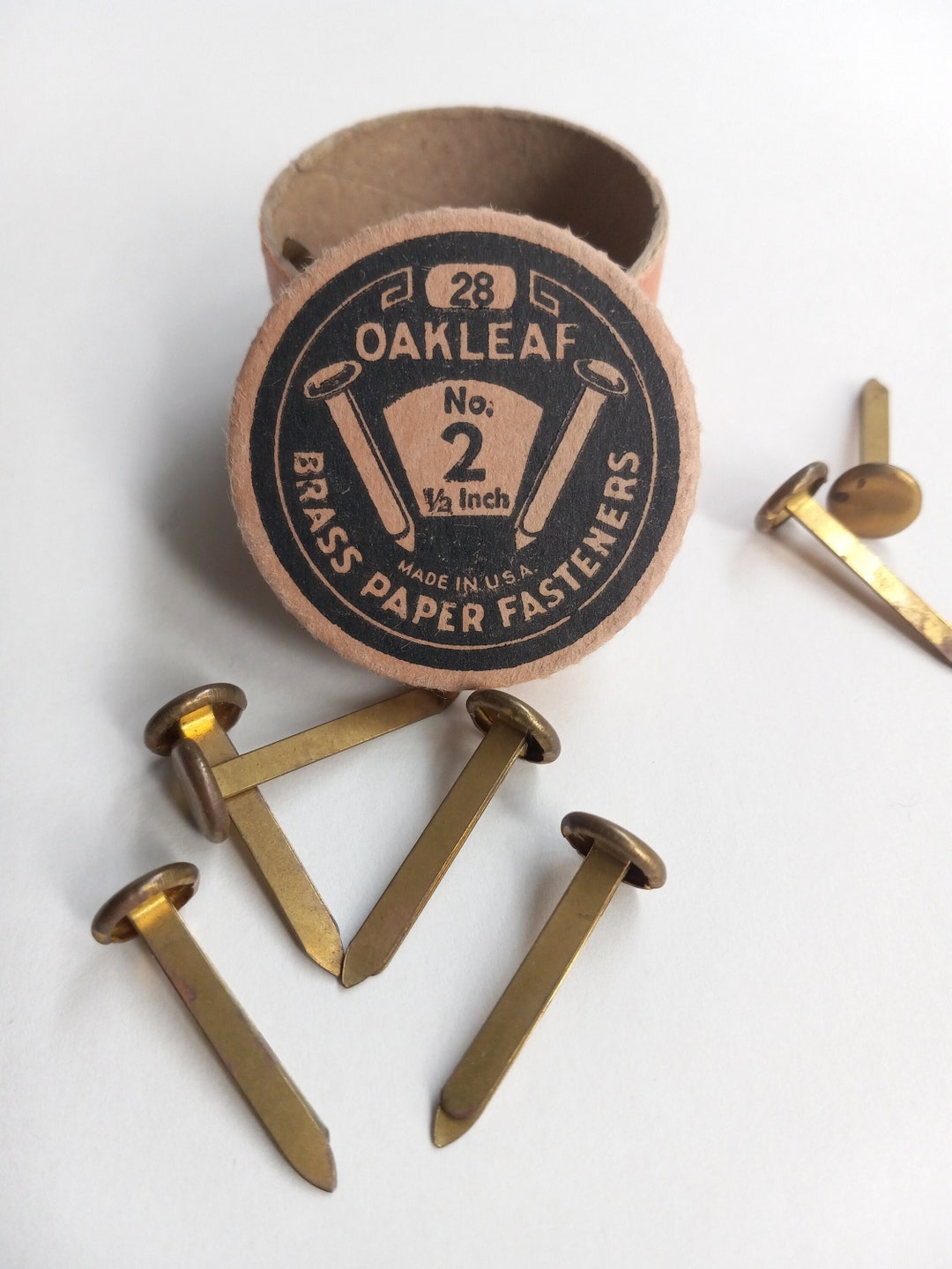 VINTAGE Brass Paper Fasteners 1" Oakleaf Cardboard Paper Container With ...