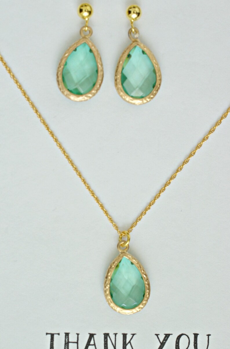 Light Green Necklace and Earrings Set Gold, Green Bridesmaid Jewelry ...