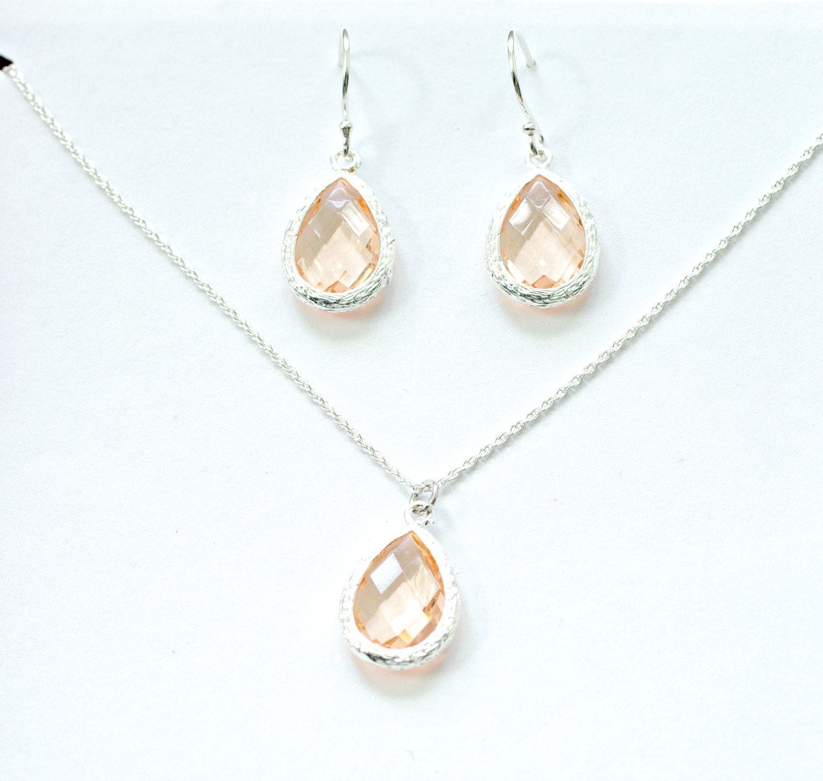 Peach Necklace and Earrings Set Silver, Blush Bridesmaid Jewelry Set ...