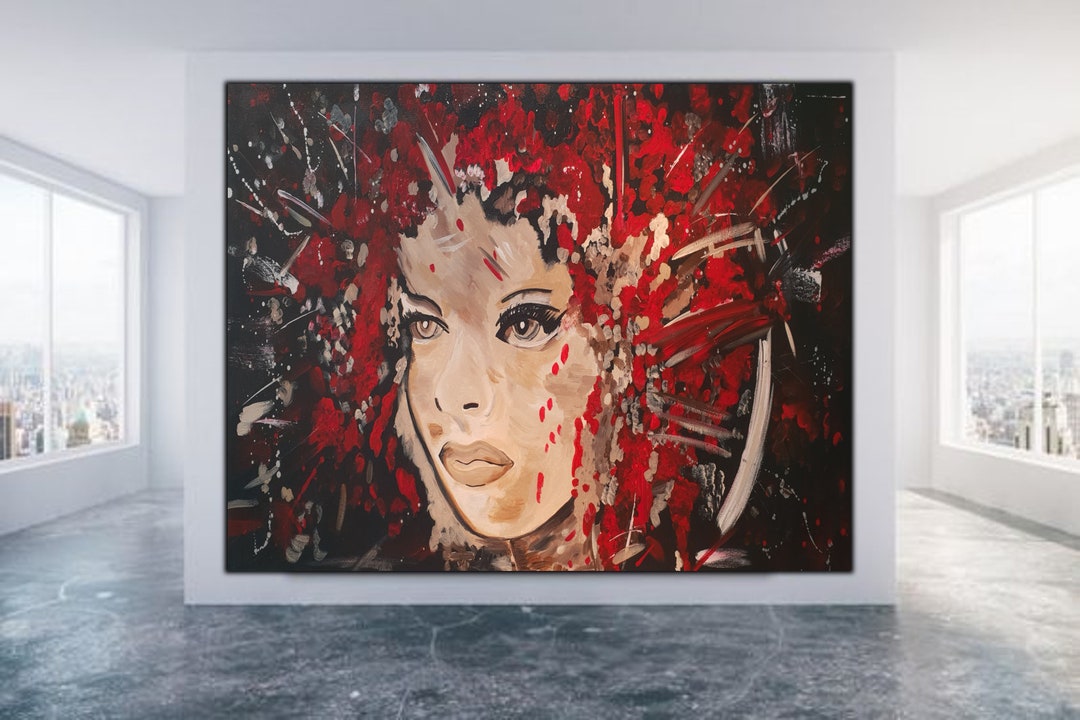 女性の顔の油絵、大きくてカラフルな人物画、重厚な質感、モダンな室内装飾 - Etsy 日本