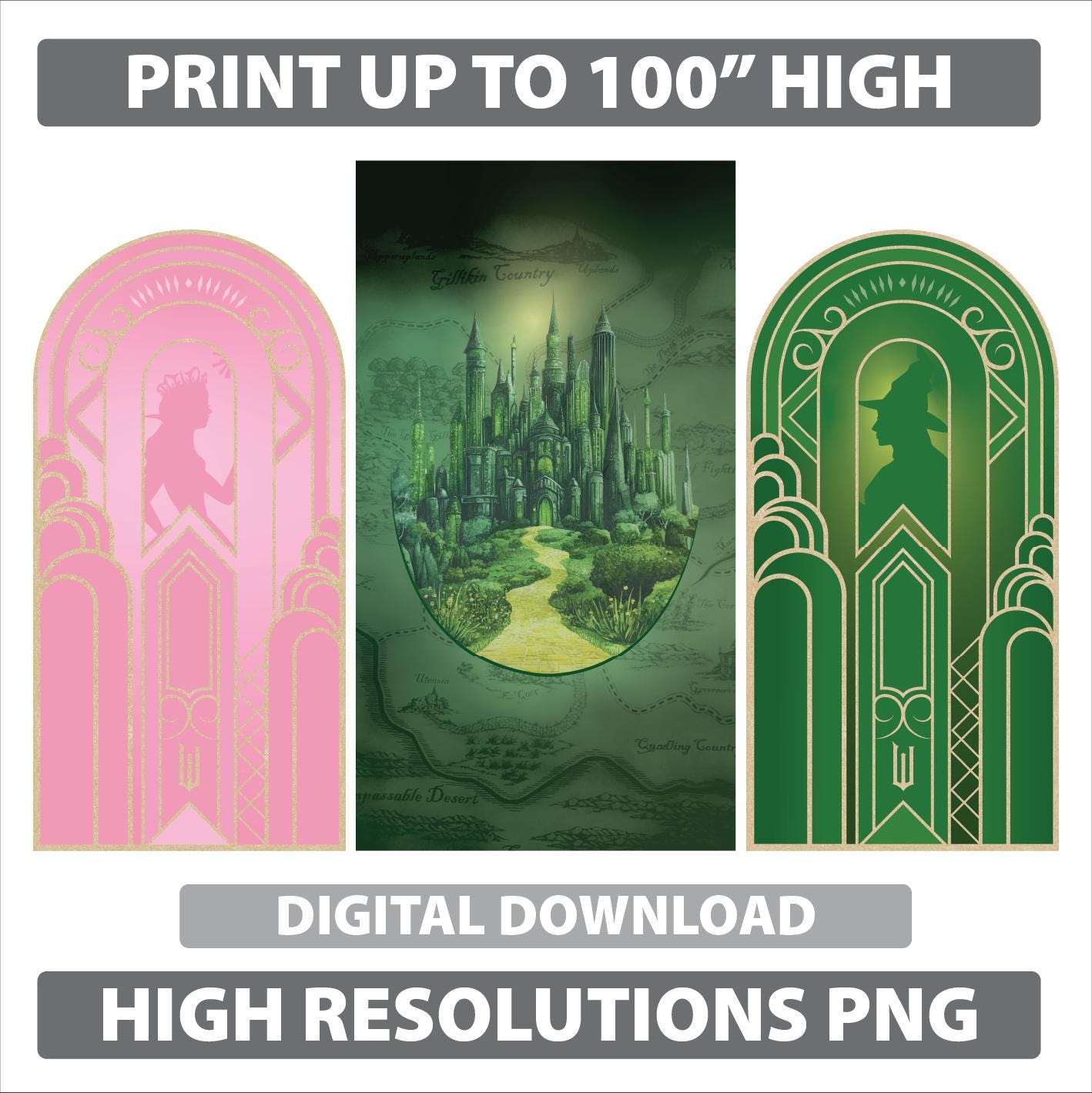 Wicked Inspired Backdrop Clipart | Glinda, Elphaba, Emerald City (PNG ...